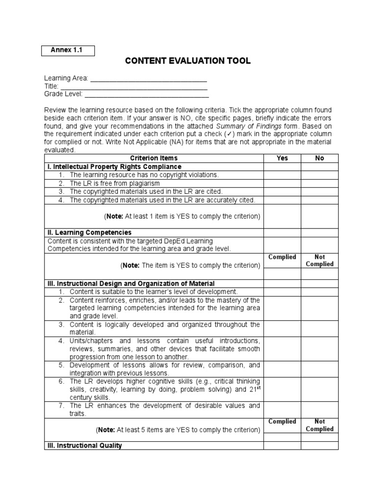 Content Evaluation Tool: Annex 1.1 | PDF | Educational Assessment ...