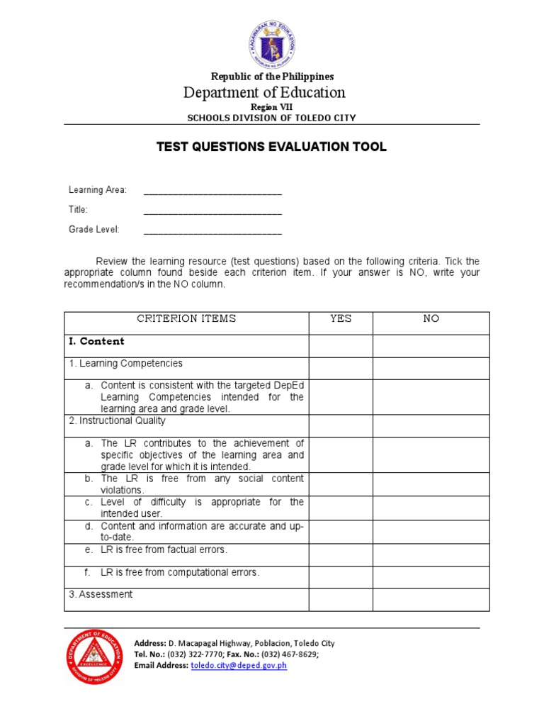 Updated Test Questions Evaluation Tool | PDF | Educational Assessment ...