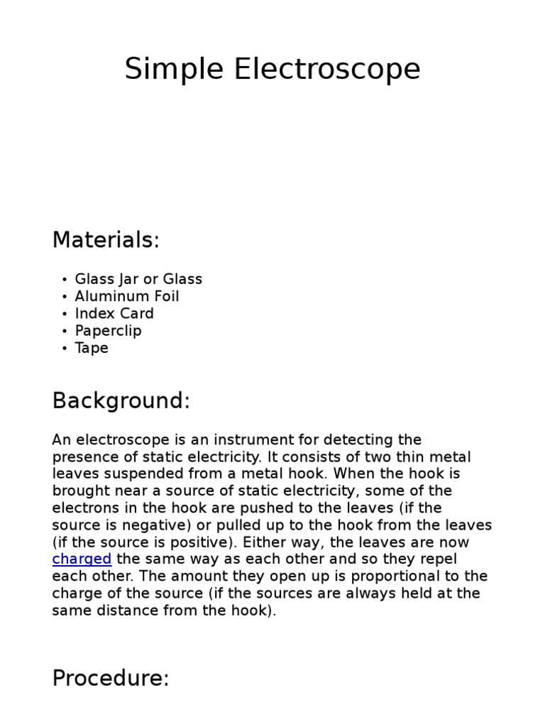 Build a Simple Electroscope Guide | PDF | Physical Sciences | Natural ...