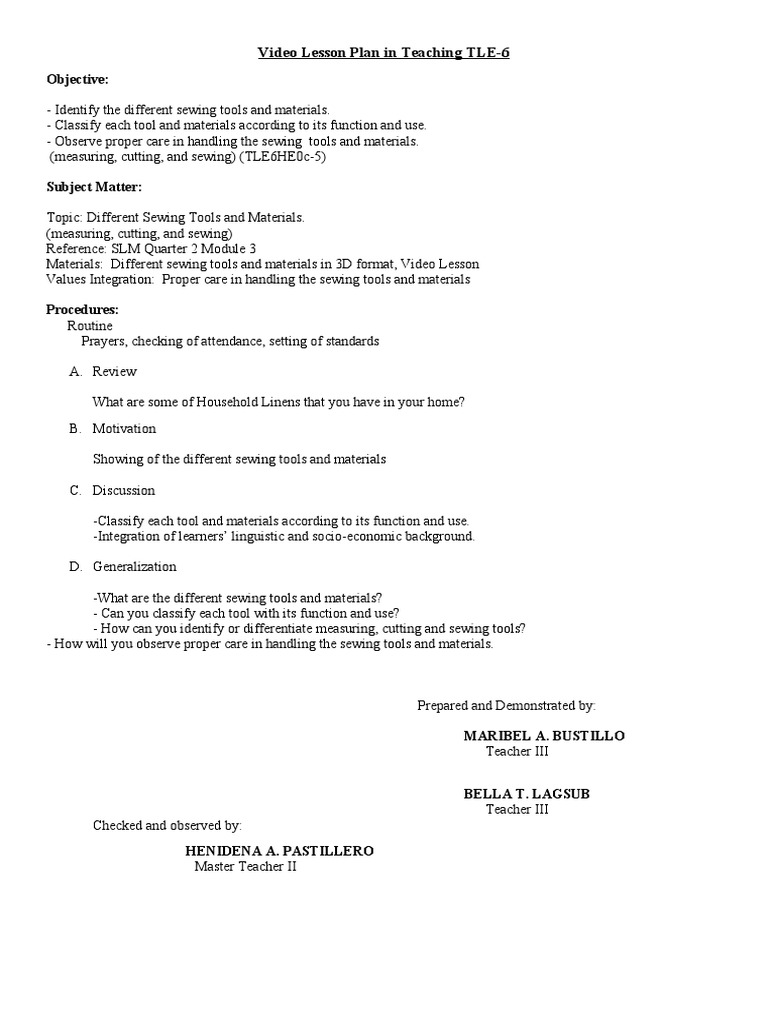 Video Lesson Plan in Teaching TLE 6 | PDF
