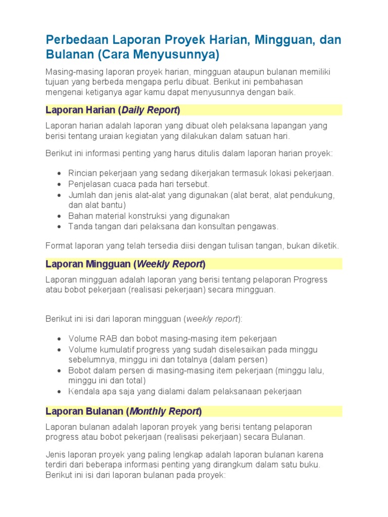 Perbedaan Laporan Proyek Harian, Mingguan, Bulanan | PDF | Bisnis