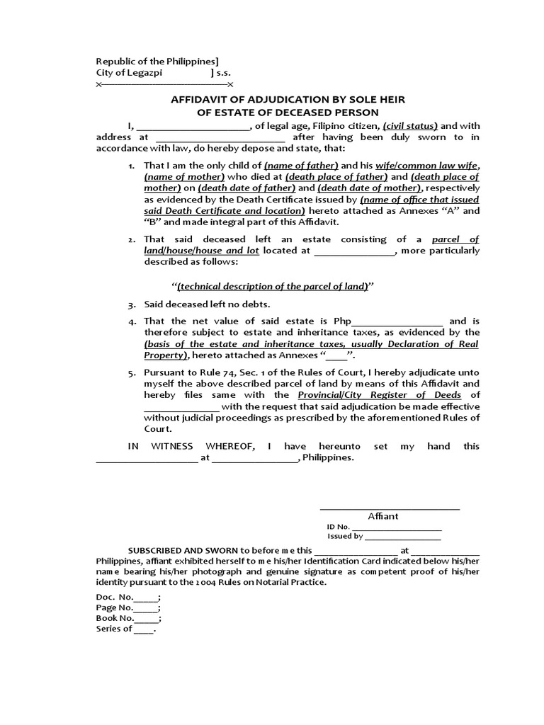 AFFIDAVIT OF ADJUDICATION OF SOLE HEIR (Template) | PDF | Affidavit ...