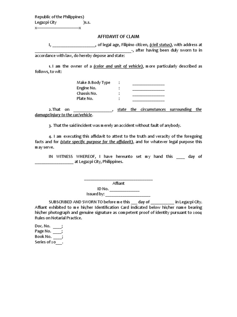 AFFIDAVIT OF CLAIM - CAR INSURANCE (Template) | PDF