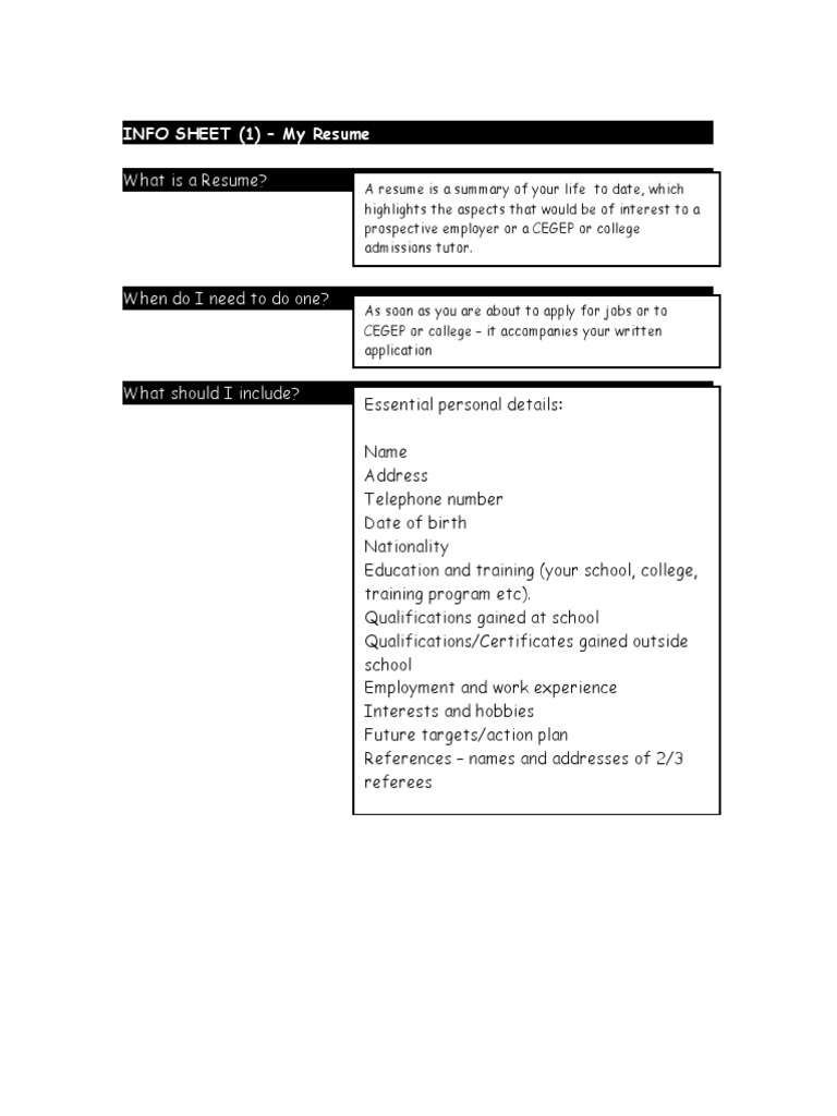 What Is A Resume?: INFO SHEET (1) - My Resume | PDF | Résumé