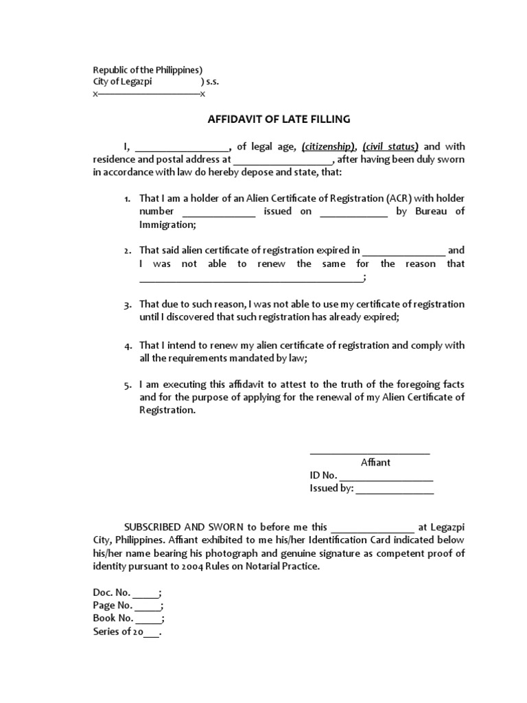 AFFIDAVIT of LATE FILING - Alien Certificate of Registration (Template ...