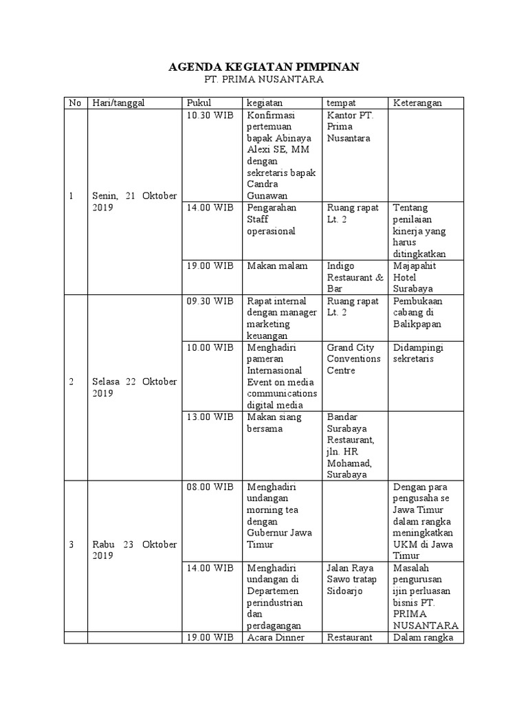 Jadwal Kegiatan Agenda Pimpinan | PDF