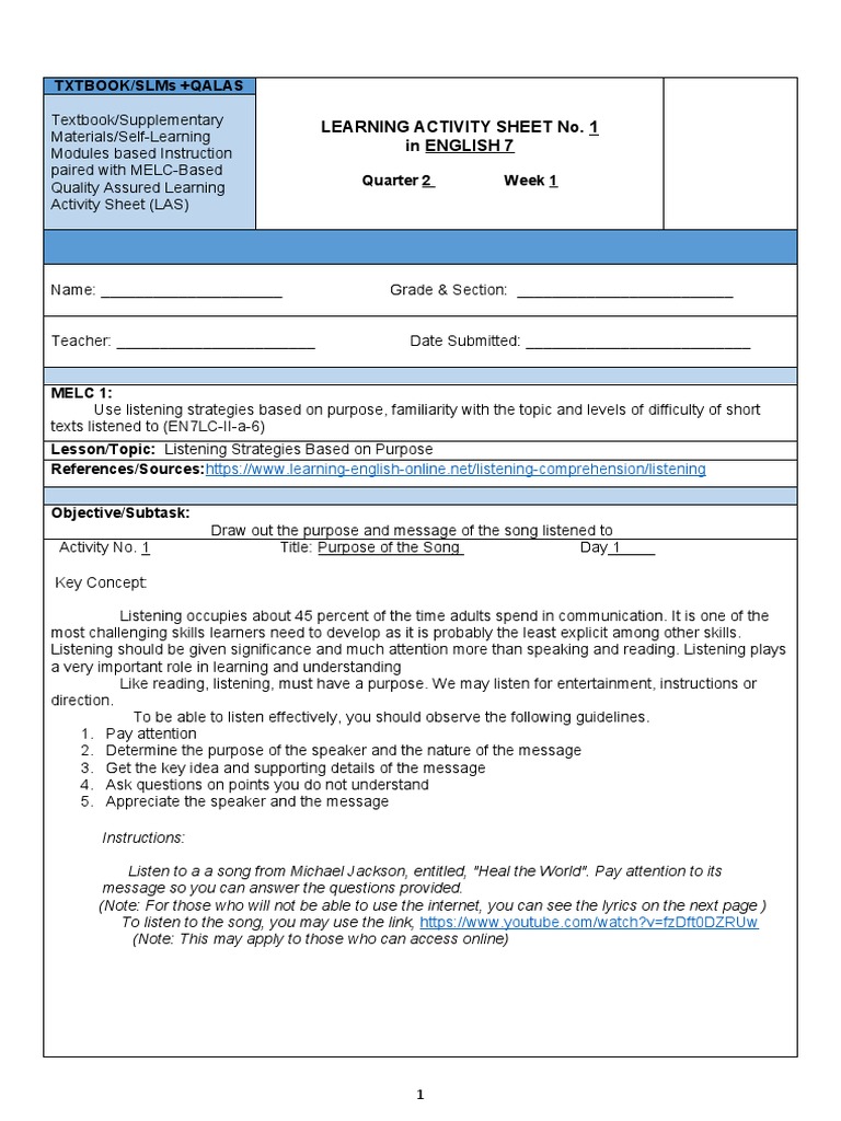 Learning Activity Sheet No. 1 in English 7: Txtbook/Slms +qalas | PDF ...