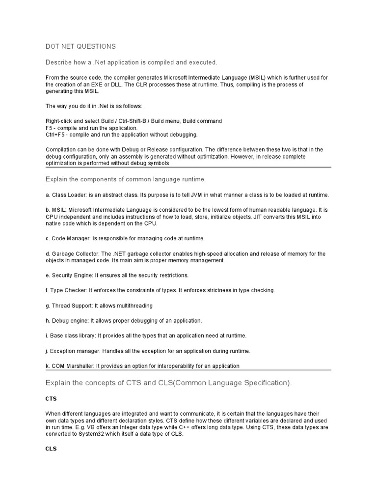 Dot Net Questions: Explain The Concepts of CTS and CLS (Common Language ...