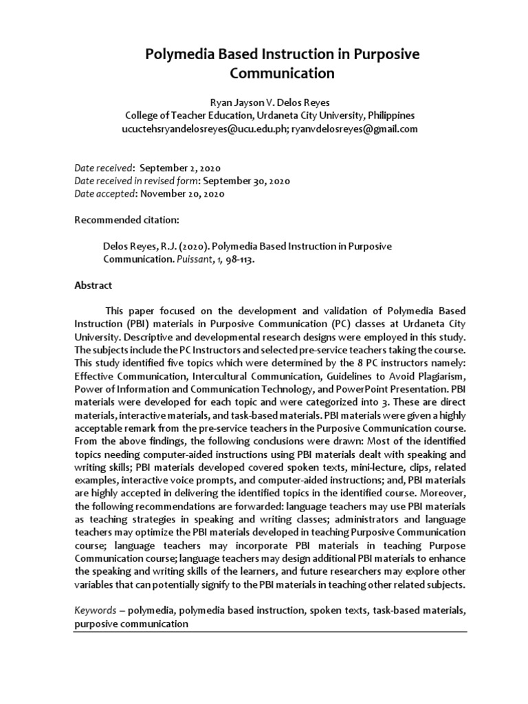 Polymedia Based Instruction in Purposive Communication | PDF ...