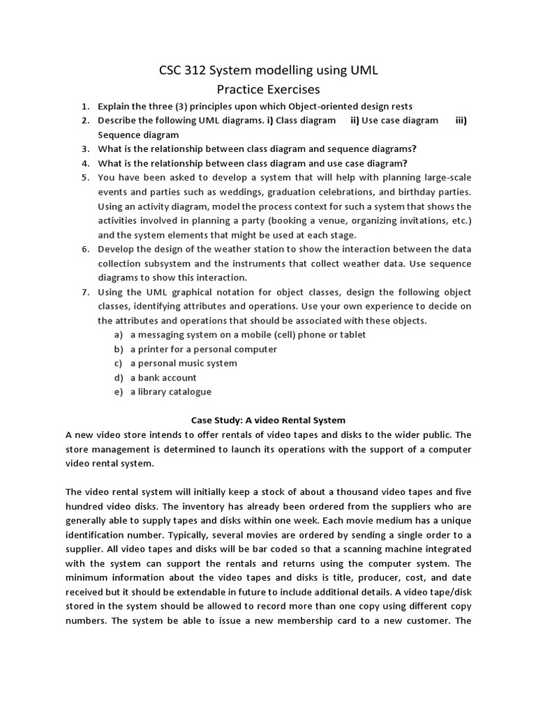 CSC 312 System Modelling Using UML Practice Exercises: Case Study: A Video Rental System | PDF ...
