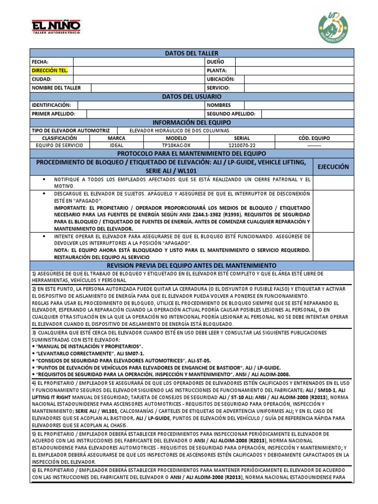 CheckList Mantenimiento Preventivo de Elevador | PDF | Ascensor