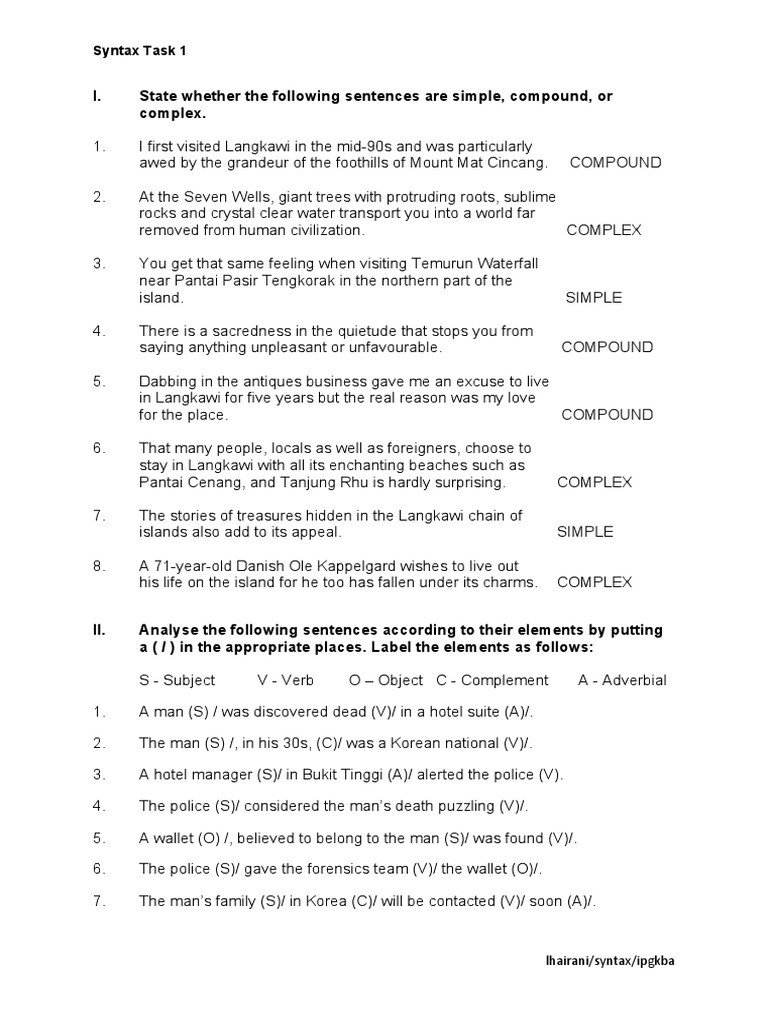Sentence Types and Analysis Worksheet | PDF