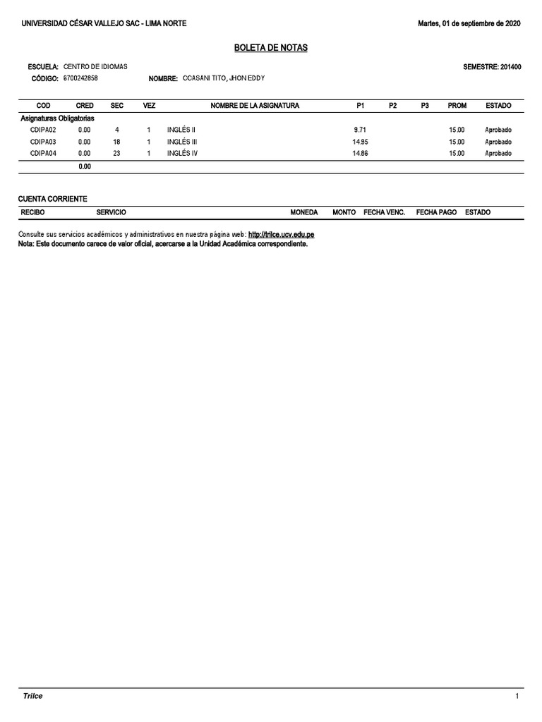 2-E - Boleta de Notas de Ingles Nivel, II, III y IV | PDF