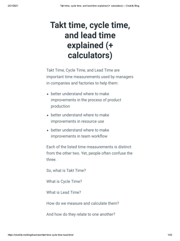Takt Time, Cycle Time, and Lead Time Explained (+ Calculators) | Download Free PDF | Supply ...