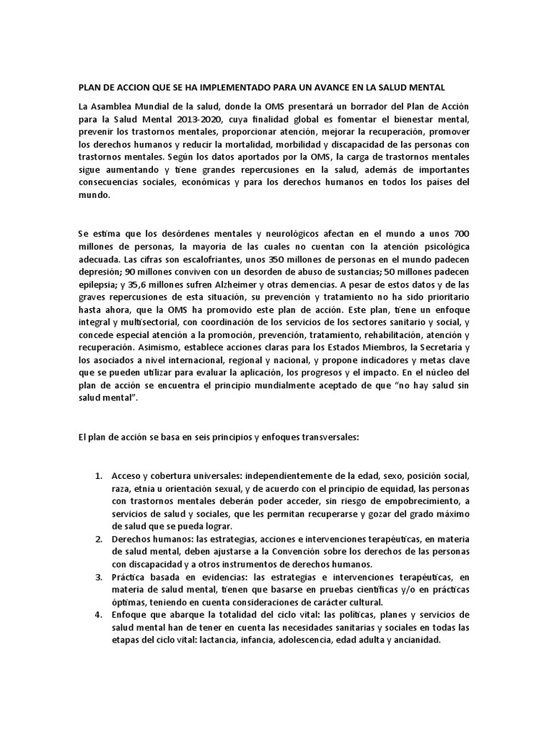 Plan de Accion Que Se Ha Implementado para Un Avance en La Salud Mental ...