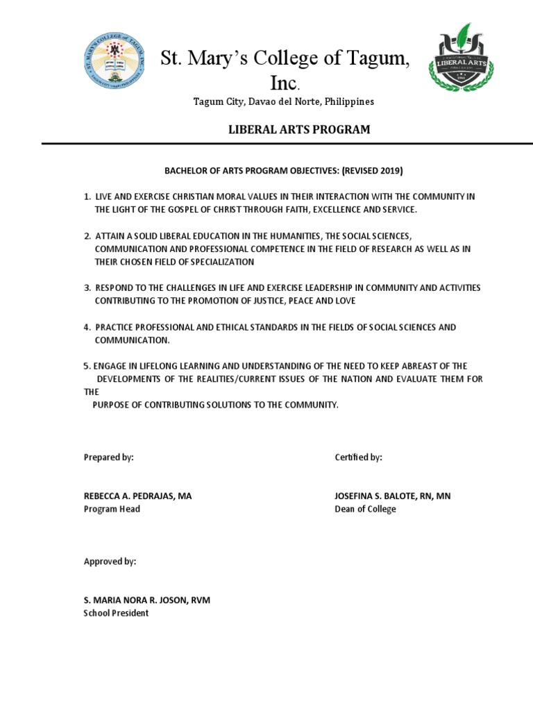 St. Mary's College of Tagum, Inc: Liberal Arts Program | PDF | Science ...