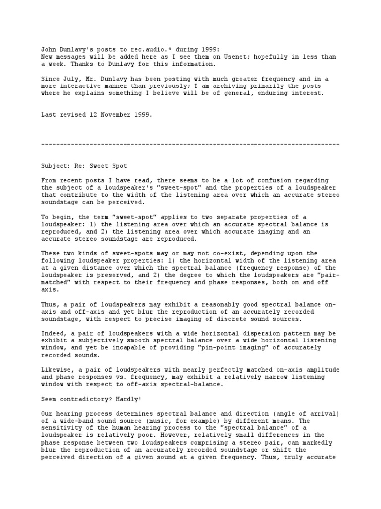 John Dunlavy's 1999 Loudspeaker Insights | PDF | Loudspeaker | Audio ...