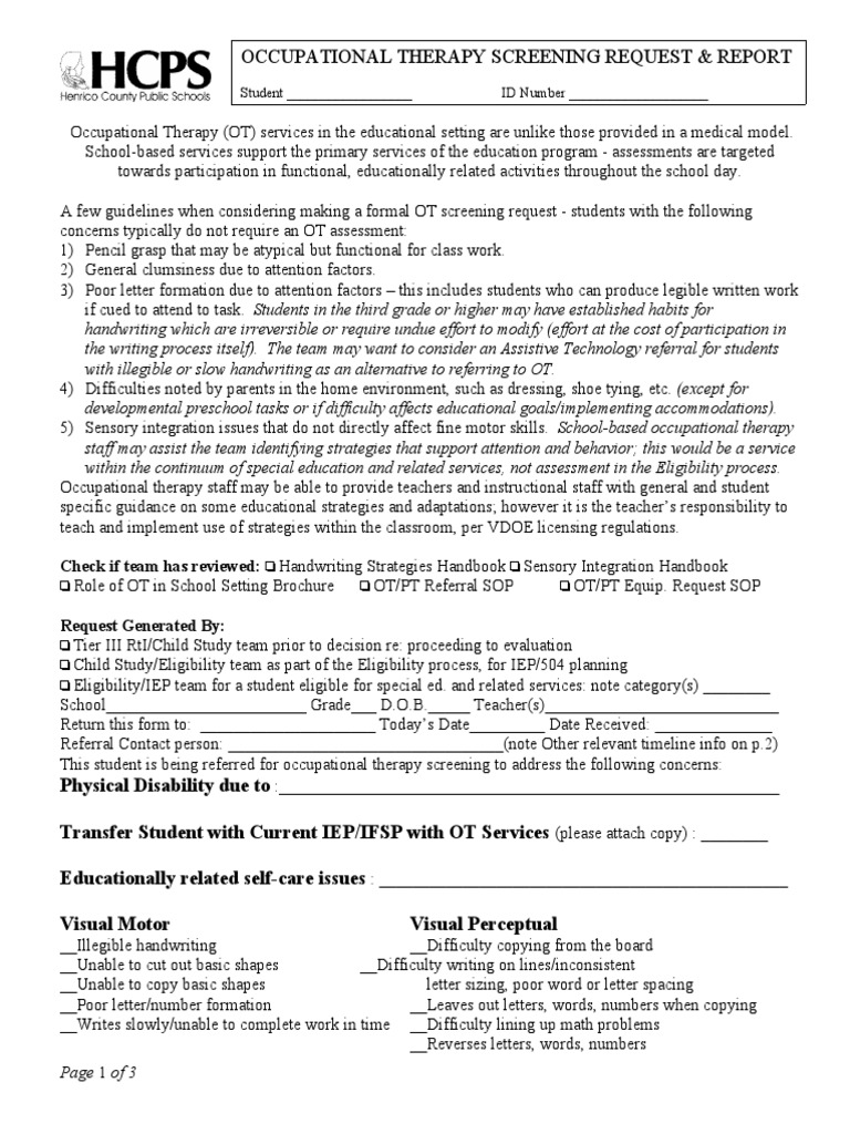 Occupational Therapy Screening Request & Report | PDF | Occupational ...