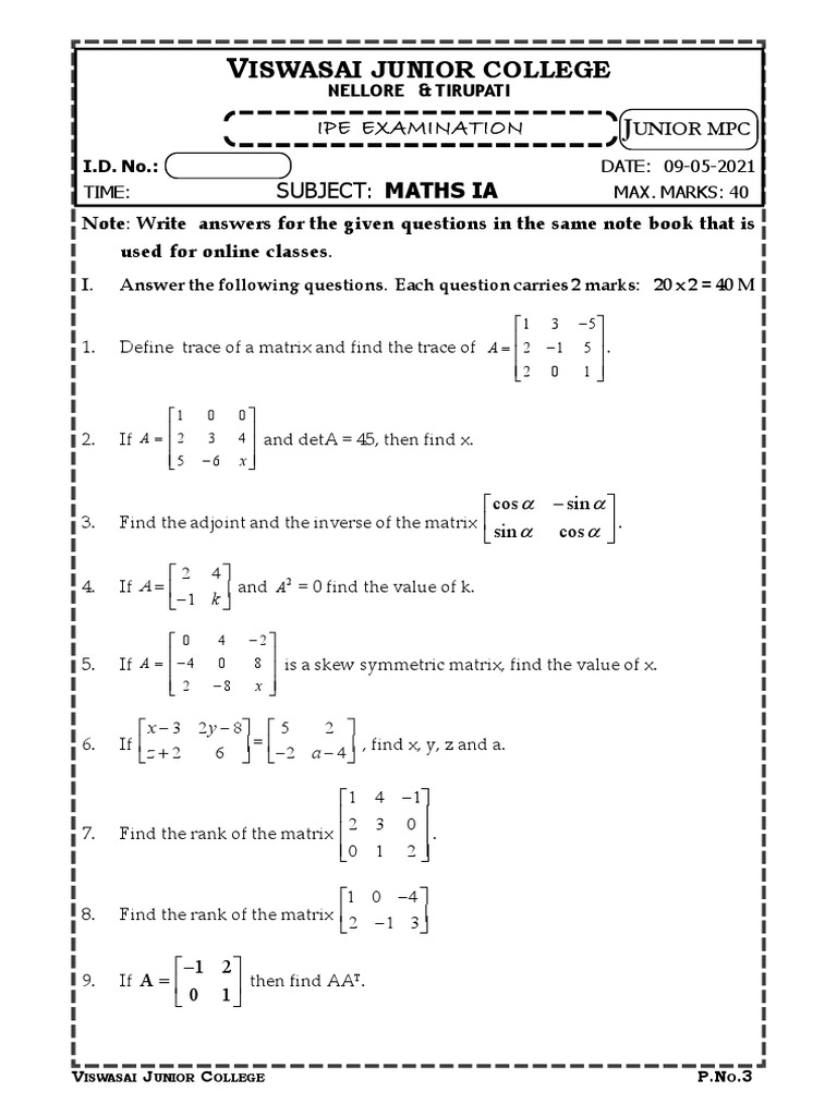 Junior Maths-A Ipe 09-05-2021 | PDF | Matrix (Mathematics ...