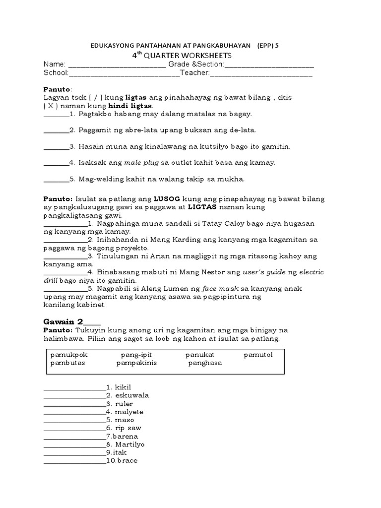 4th QUARTER WORK SHEETS WK 5 6 | PDF