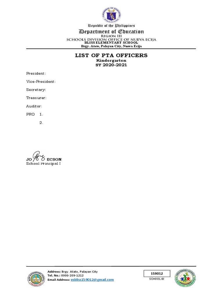 List of Pta Officers: Kindergarten SY 2020-2021 | PDF