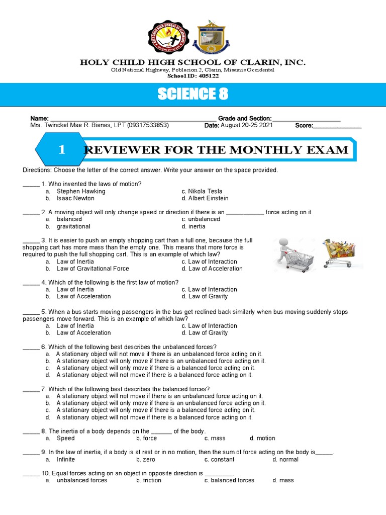 Physics Laws of Motion Quiz | PDF | Force | Mass