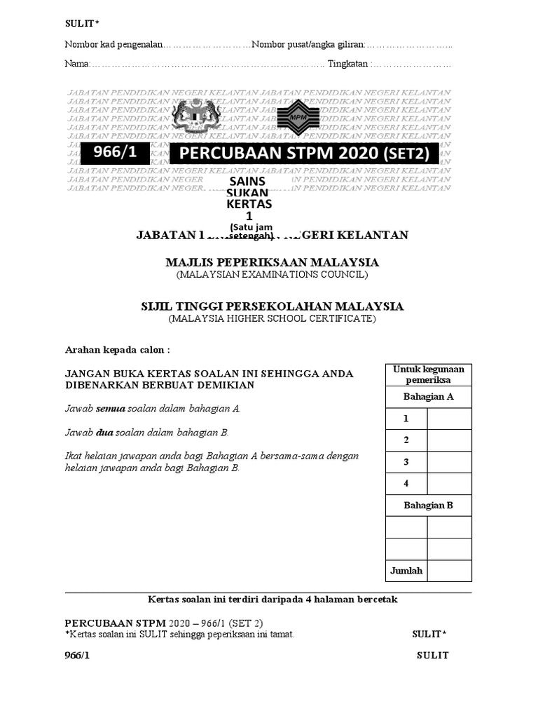Soalan Percubaan Sains Sukan Sem 1 2020 - SET 2 | PDF