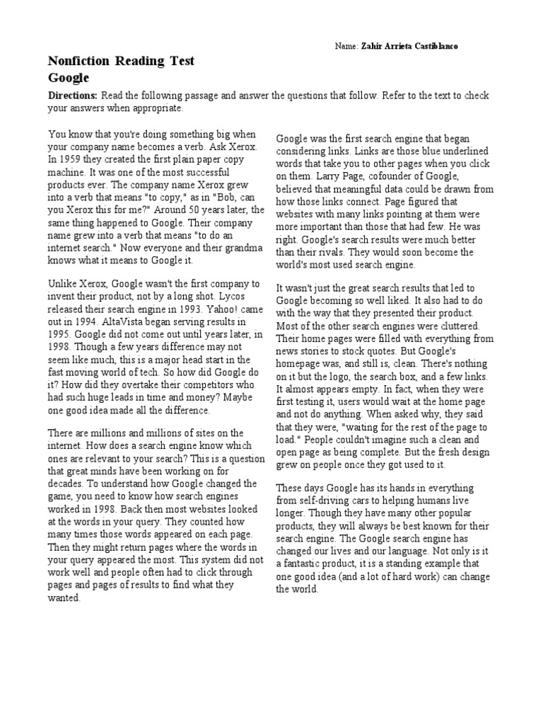 Nonfiction Reading Test Google | PDF | Communication | Computing
