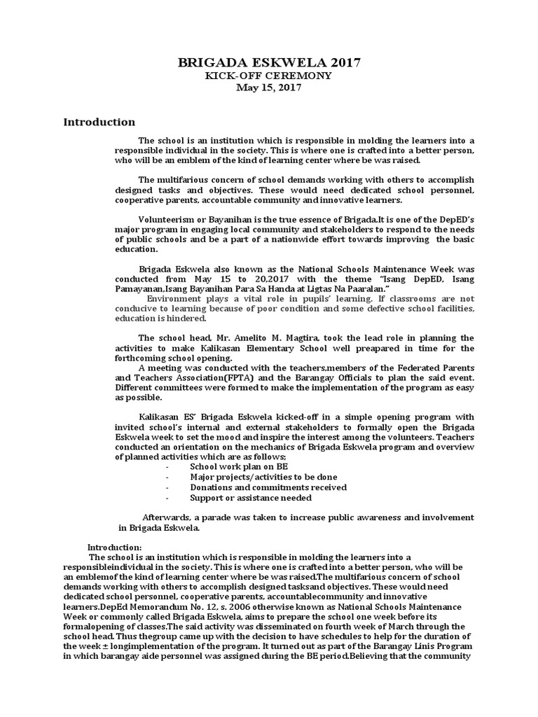 Narrative Report-Brigada Eskwela 2017 | PDF | Teachers | Behavior ...