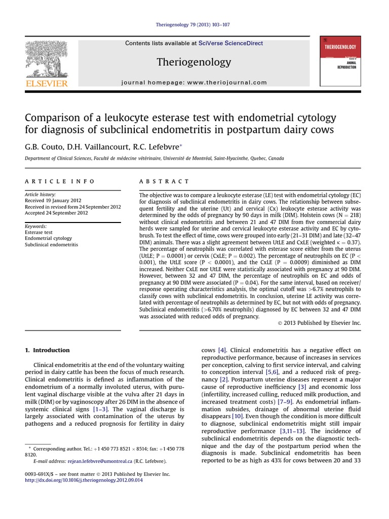 Comparison of A Leukocyte Esterase Test With Endometrial Cytology For ...