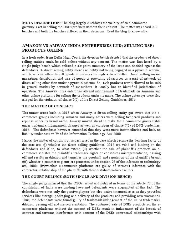Amazon VS Amway India Enterprises LT1 | PDF | Trademark | Trademark ...
