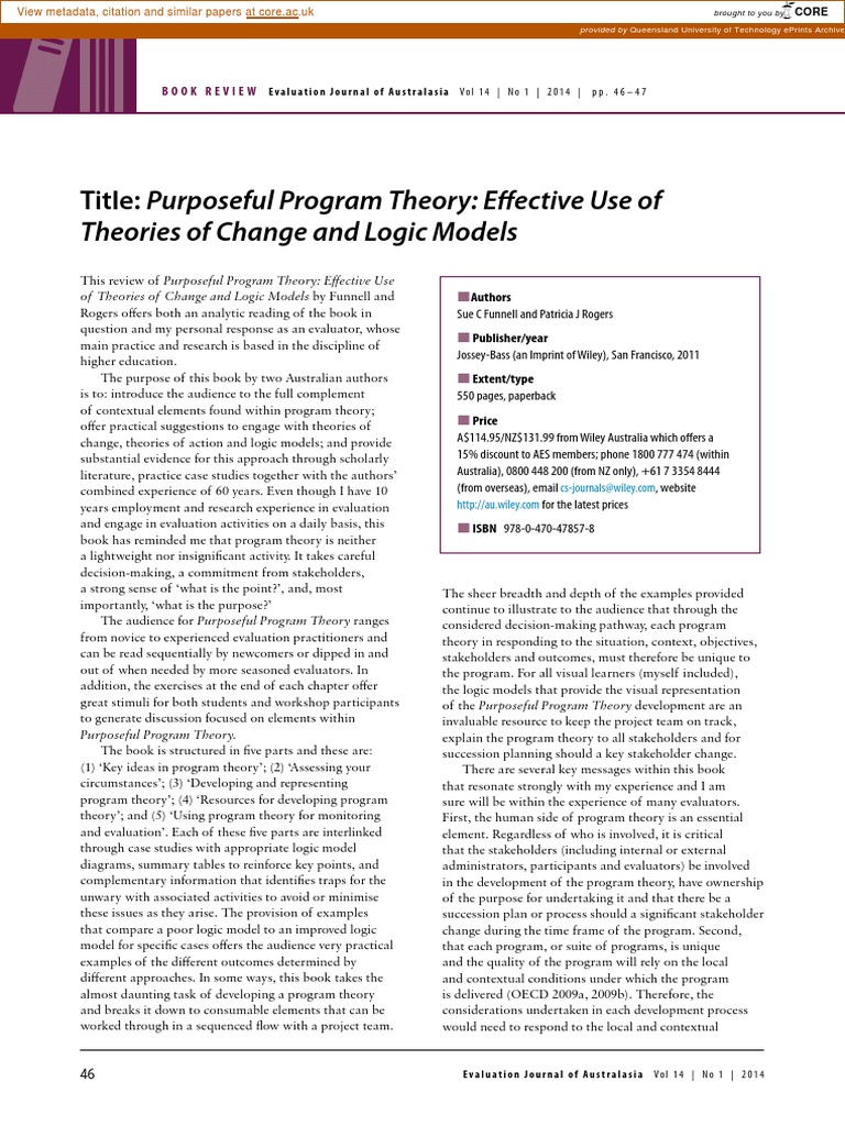 Title: Purposeful Program Theory: Effective Use Of: Theories of Change and Logic Models | PDF ...