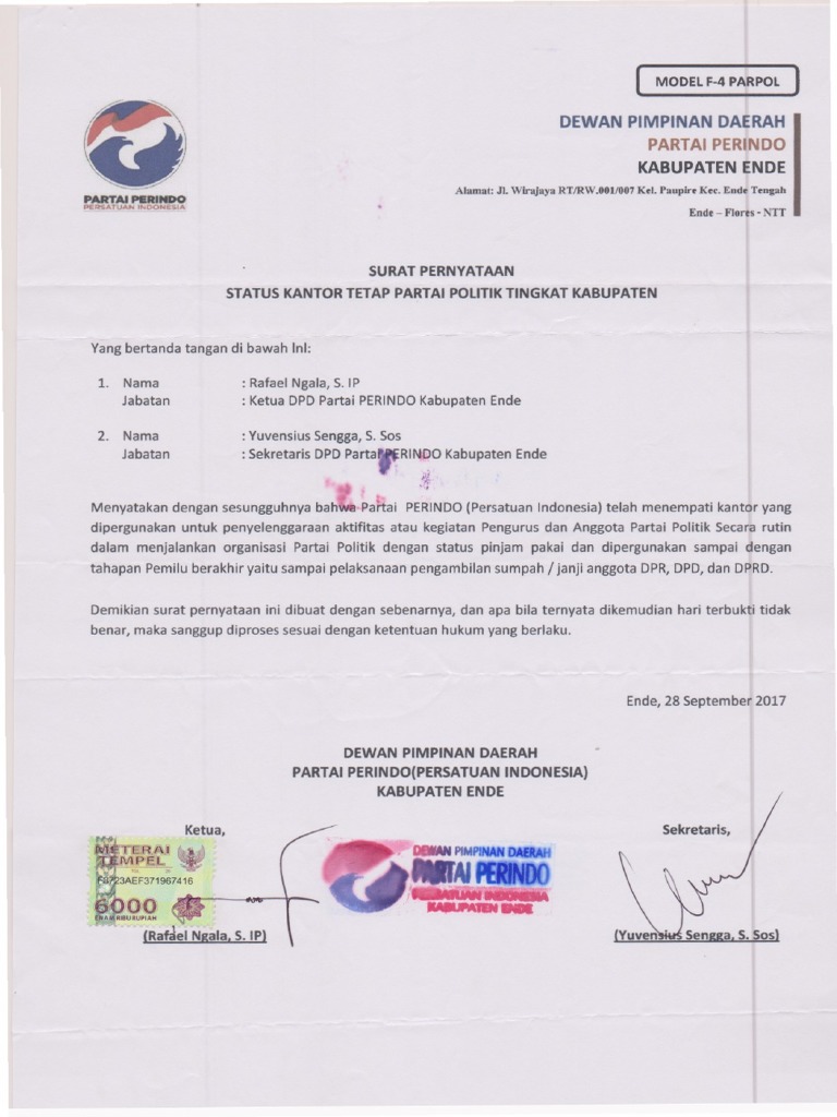 Surat Pernyataan DPD Perindo | PDF