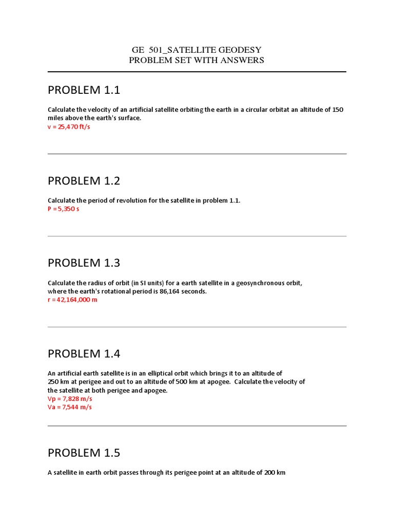 Problem 1.1: Ge 501 - Satellite Geodesy Problem Set With Answers | PDF | Orbit | Apsis