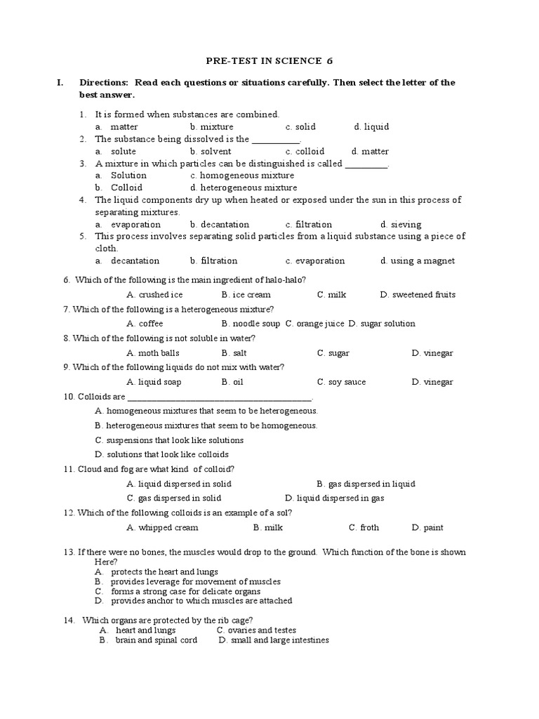 Pre-Test in Science 6 I. Directions: Read Each Questions or Situations ...