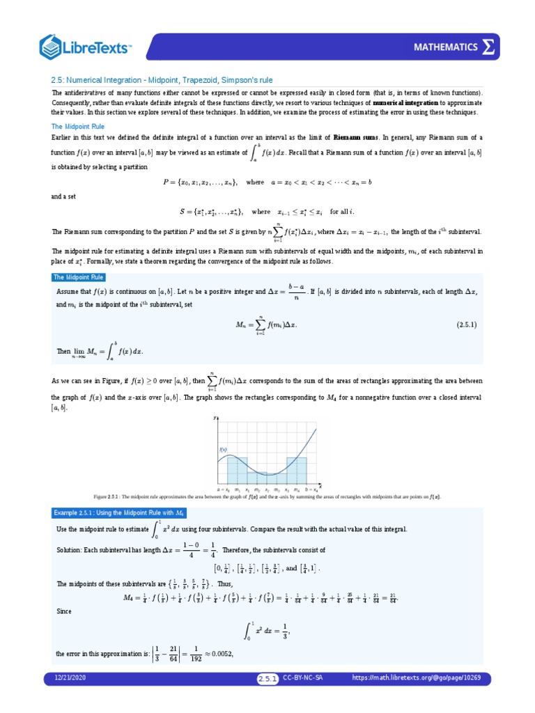2.5: Numerical Integration - Midpoint, Trapezoid, Simpson's Rule | PDF ...