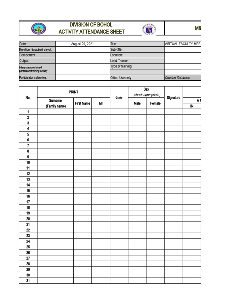 Division of Bohol M&E Form 1B Activity Attendance Sheet: Duration (Days ...