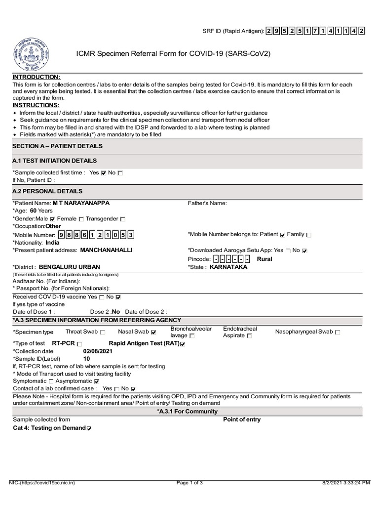 Icmr Specimen Referral Form For Covid-19 (Sars-Cov2) : (These Fields To ...