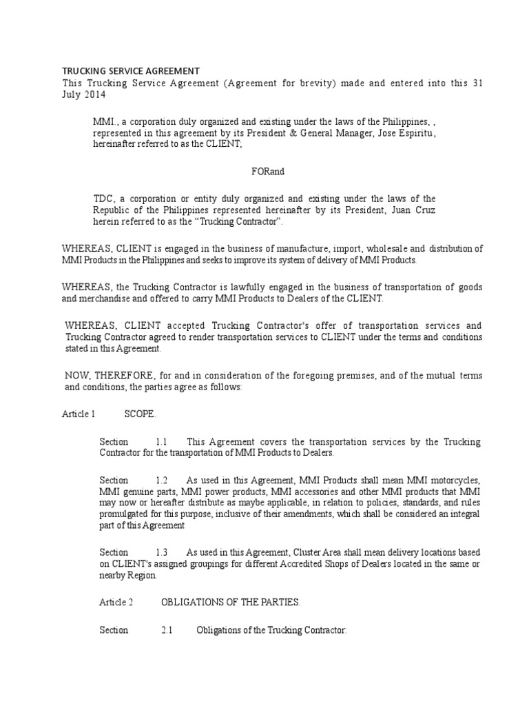 Trucking Service Agreement Overview | PDF | Indemnity | Insurance