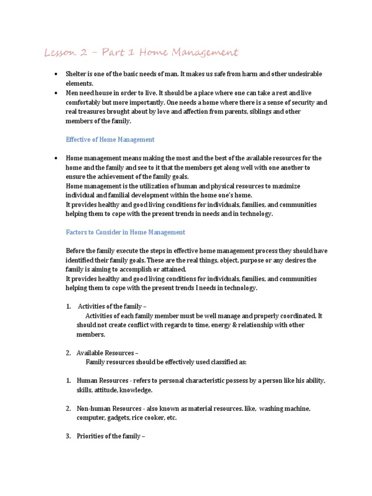 Lesson 2 - Part 1 Home Management | PDF | Resource | Goal