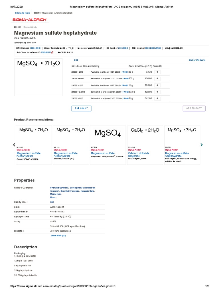 Magnesium Sulfate Heptahydrate, ACS Reagent, 98% - MgSO4 - Sigma ...