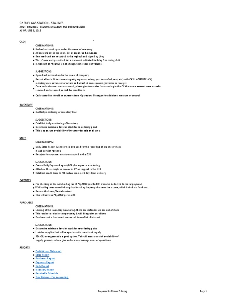 Gas Station Financial Audit Report | PDF | Expense | Return On Investment