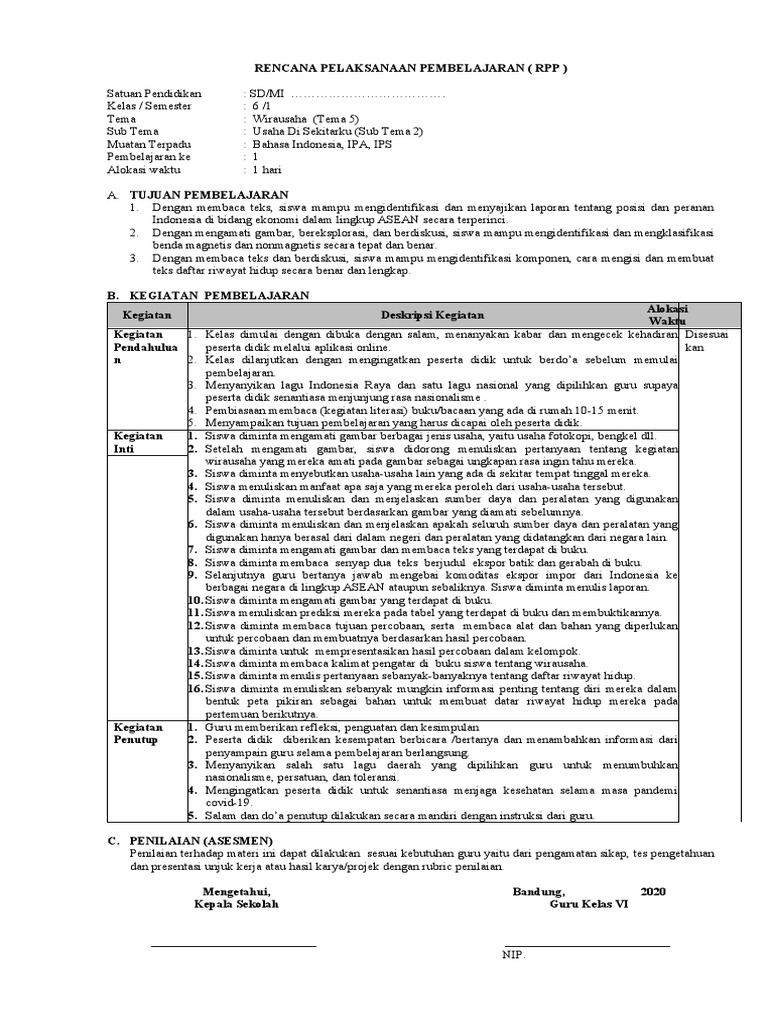 14 RPP Daring Kelas 6 Tema 5 ST 2 - WWW - Kherysuryawan.id | PDF | Seni & Disiplin Bahasa