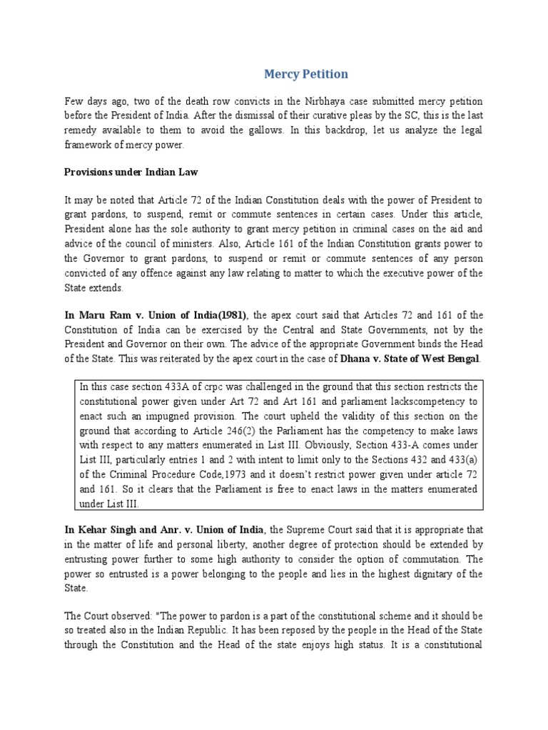 Mercy Petition Art 72 and Art 161 | PDF | Pardon | Supreme Court Of India