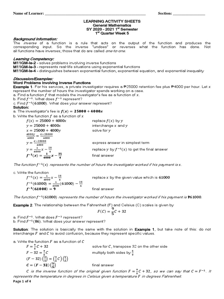 Name of Learner: - Section | PDF | Function (Mathematics) | Exponential Function