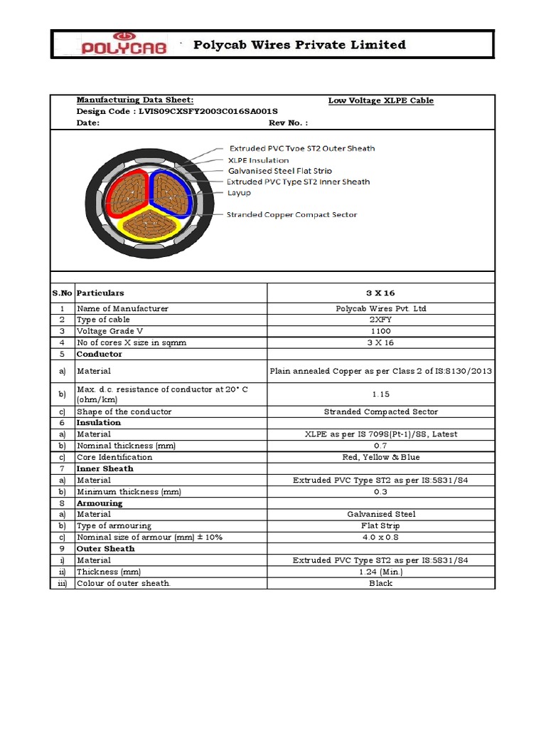 Polycab 16mm 3 Core Copper Armoured Cable Specification Sheet | PDF ...