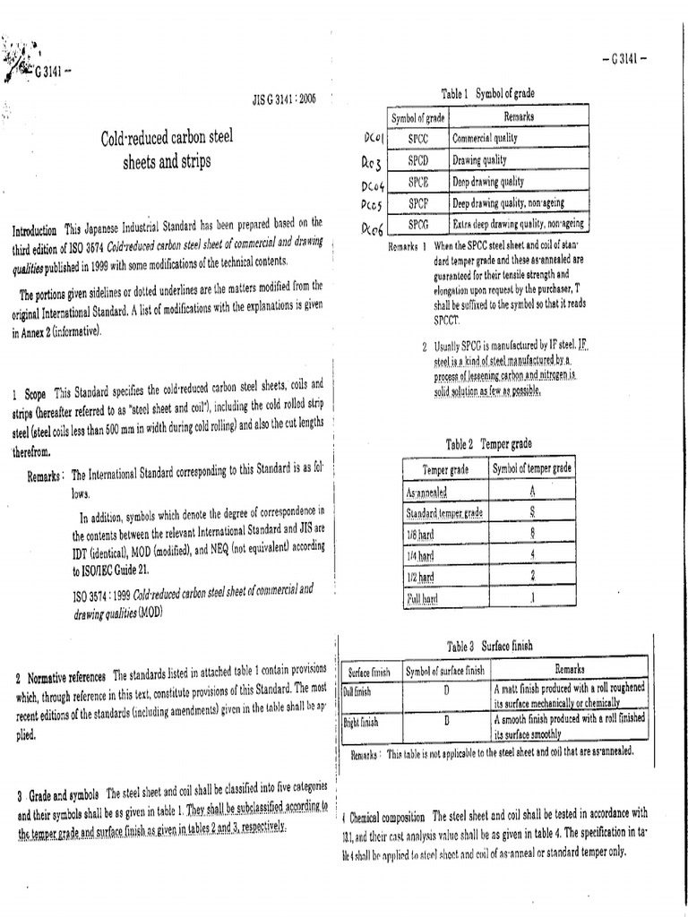 JIS-G3141-Cold-Reduced Carbon Steel Sheets and Strips | PDF