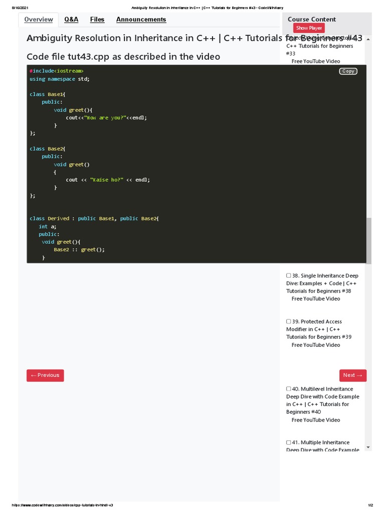 Ambiguity Resolution in Inheritance in C++ - C++ Tutorials For Beginners #43 - CodeWithHarry ...