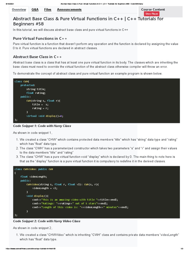 Abstract Base Class & Pure Virtual Functions in C++ - C++ Tutorials For Beginners #58 ...