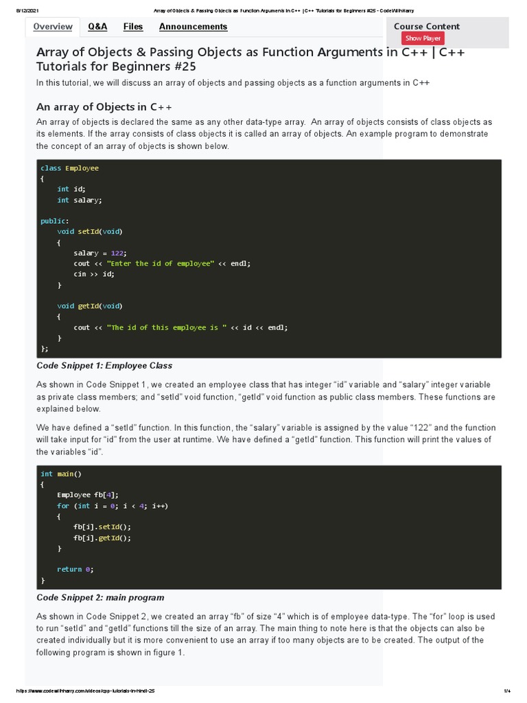 Array Of Objects And Passing Objects As Function Arguments In C C